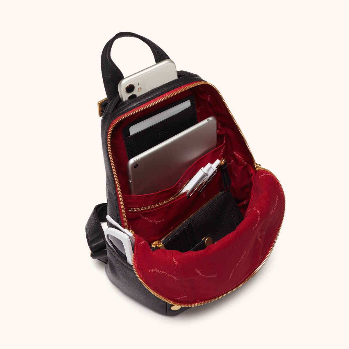 Hammitt- Hunter Medium Backpack- Black/Brushed Gold/Red Zip – CAMI